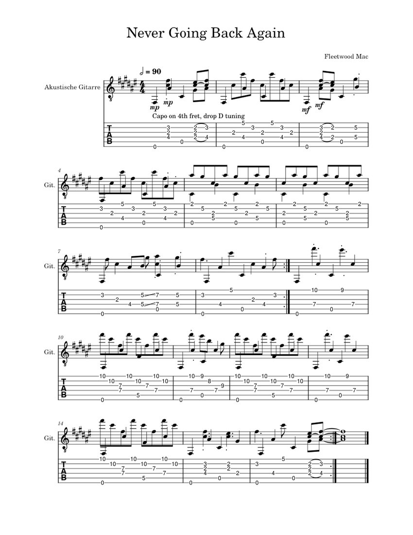 Never Going Back Again - Fleetwood Mac Sheet Music and Tab for Guitar ...