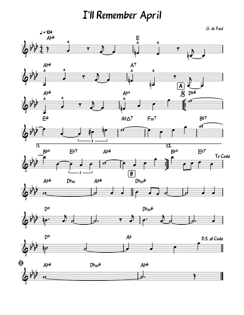 I'll Remember April by Gene de Paul Sheet Music for Piano (Solo) Easy ...