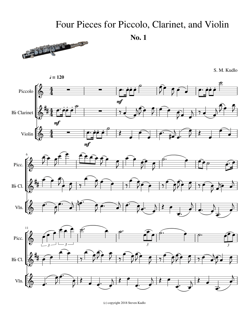 Four Pieces for Piccolo, Clarinet, and Violin Sheet music for Flute ...