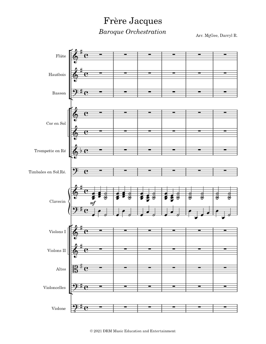 Frère Jacques (Baroque Orchestra) Sheet music for Harpsichord, Flute ...