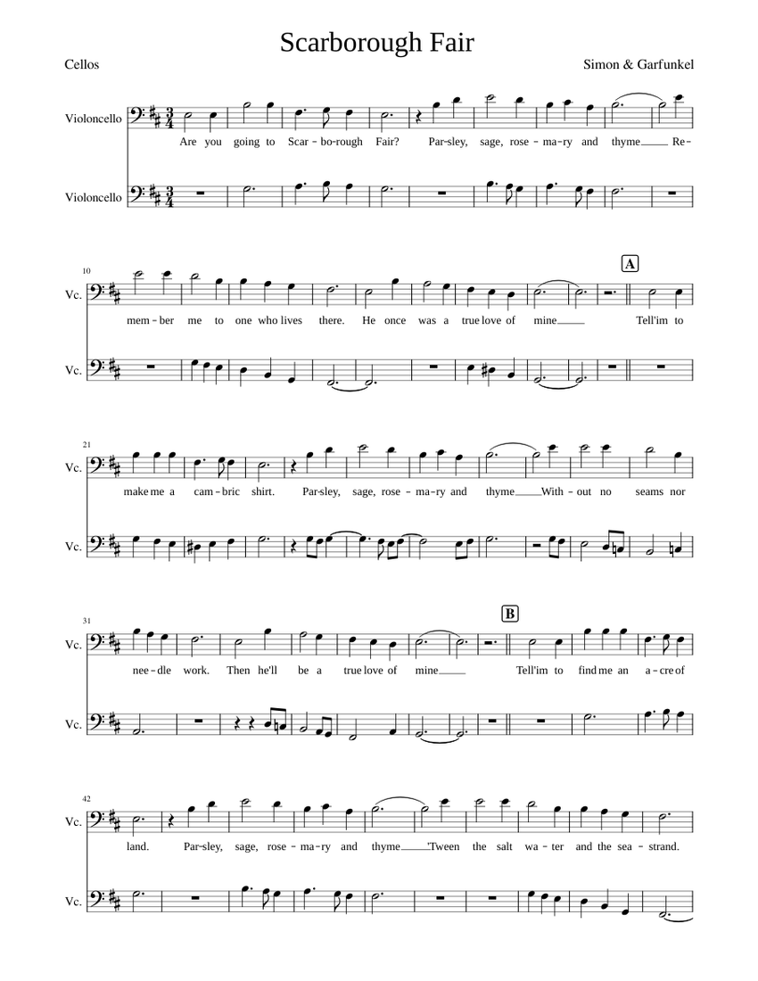 Scarborough Fair - Paul Simon and Garfunkel Sheet music for Cello (Solo ...