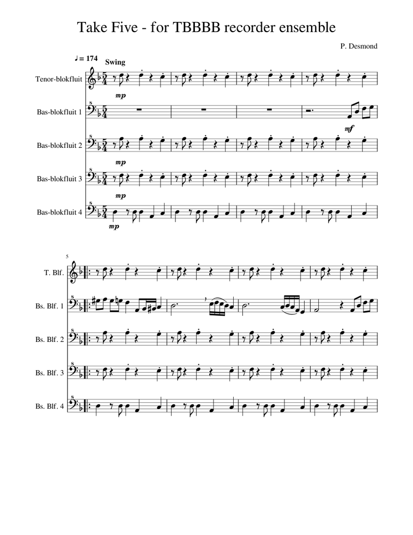 Take Five - for TBBBB recorder ensemble Sheet Music for Recorder (Mixed ...