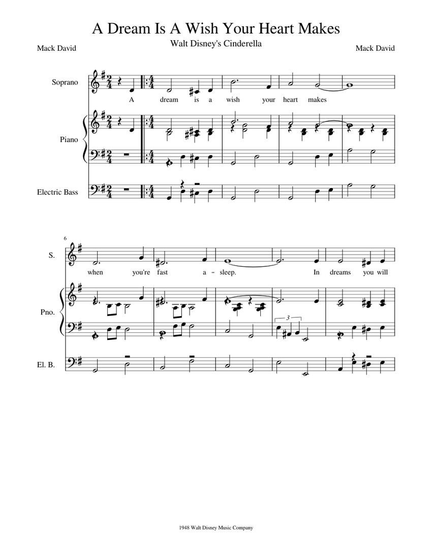 A Dream Is A Wish Your Heart Makes Sheet Music for Piano, Soprano, Bass ...