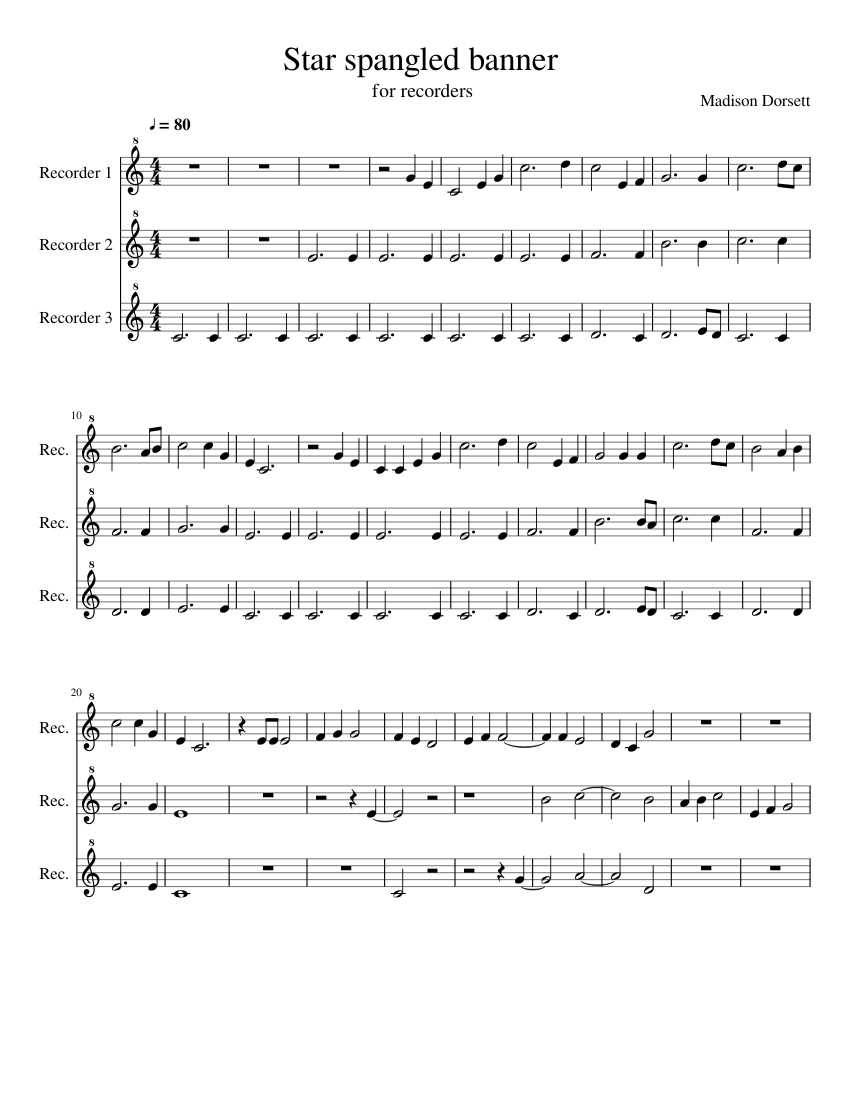 Star spangled banner Sheet Music for Recorder (Mixed Trio) | MuseScore.com