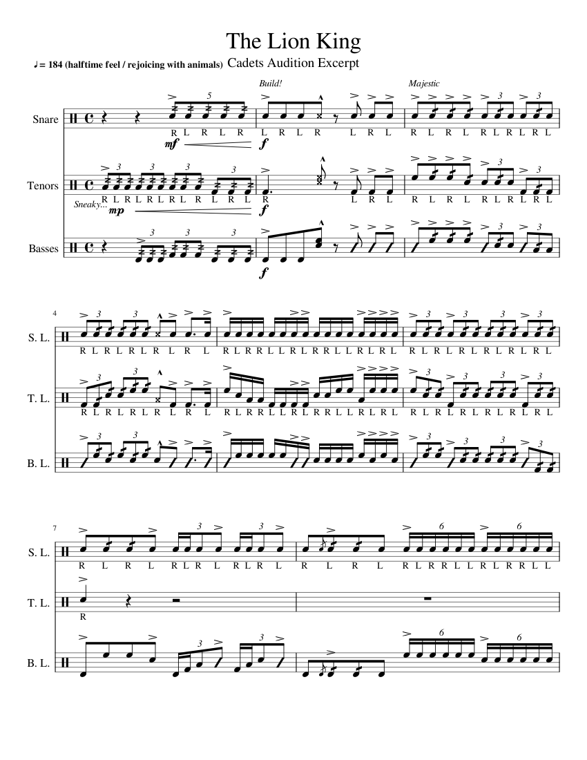The Lion King Sheet Music for Snare drum, Tenor drum, Bass drum ...