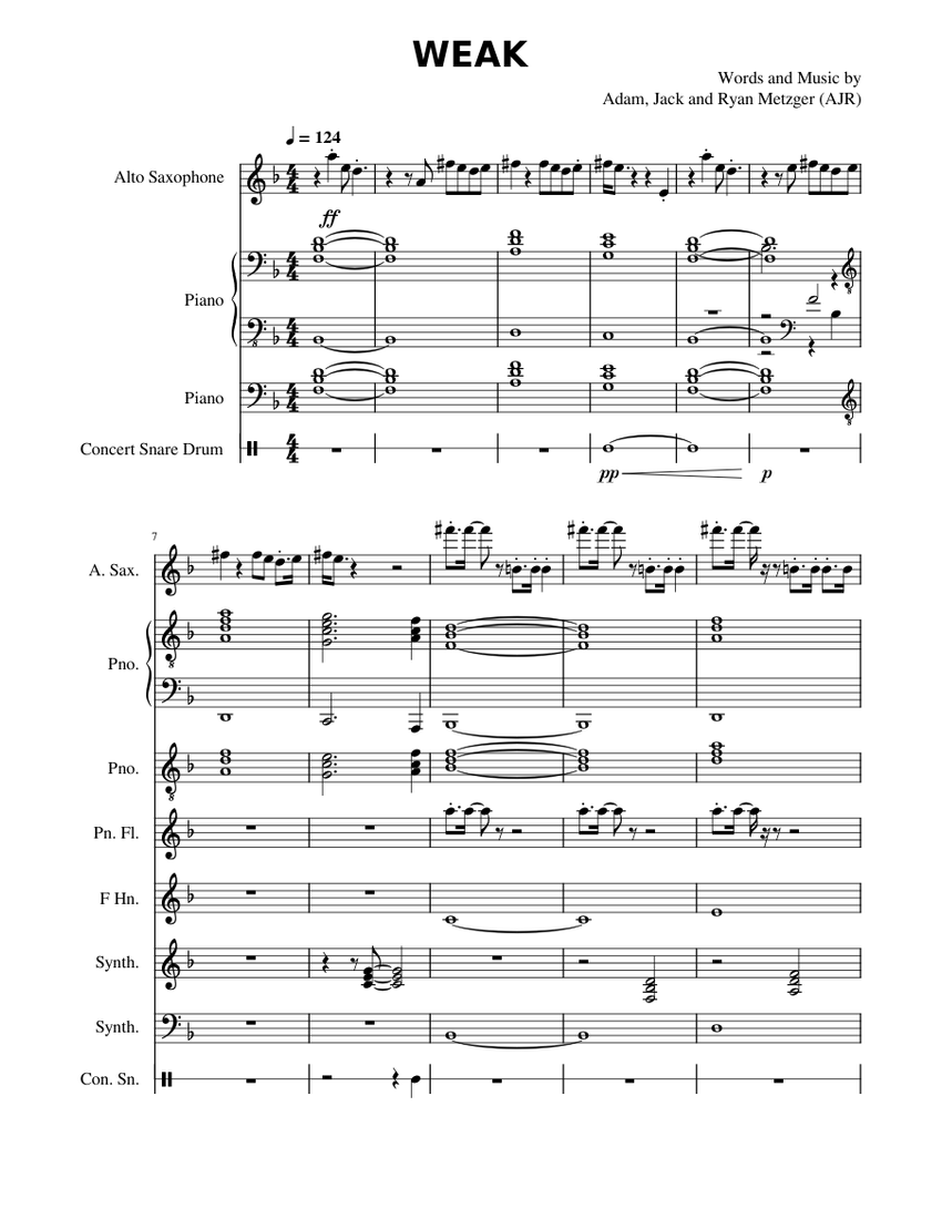 Weak - AJR Sheet Music for Piano, Vocals, Saxophone alto, French horn ...