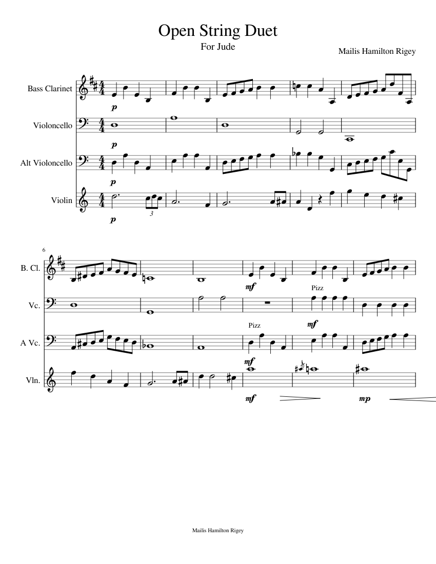 Open String Duet Sheet Music for Clarinet bass, Violin, Cello (Mixed Quartet) | MuseScore.com