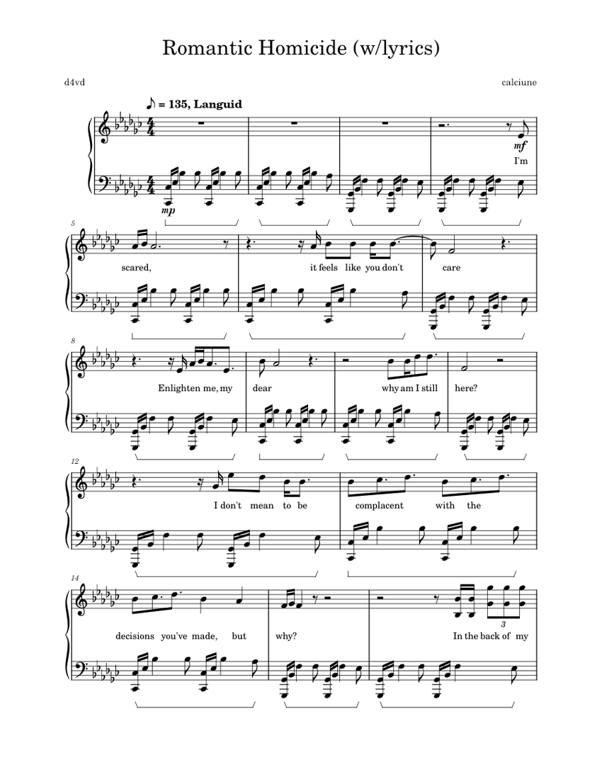 Romantic Homicide (w/lyrics)– d4vd Sheet Music for Piano (Solo) easy ...