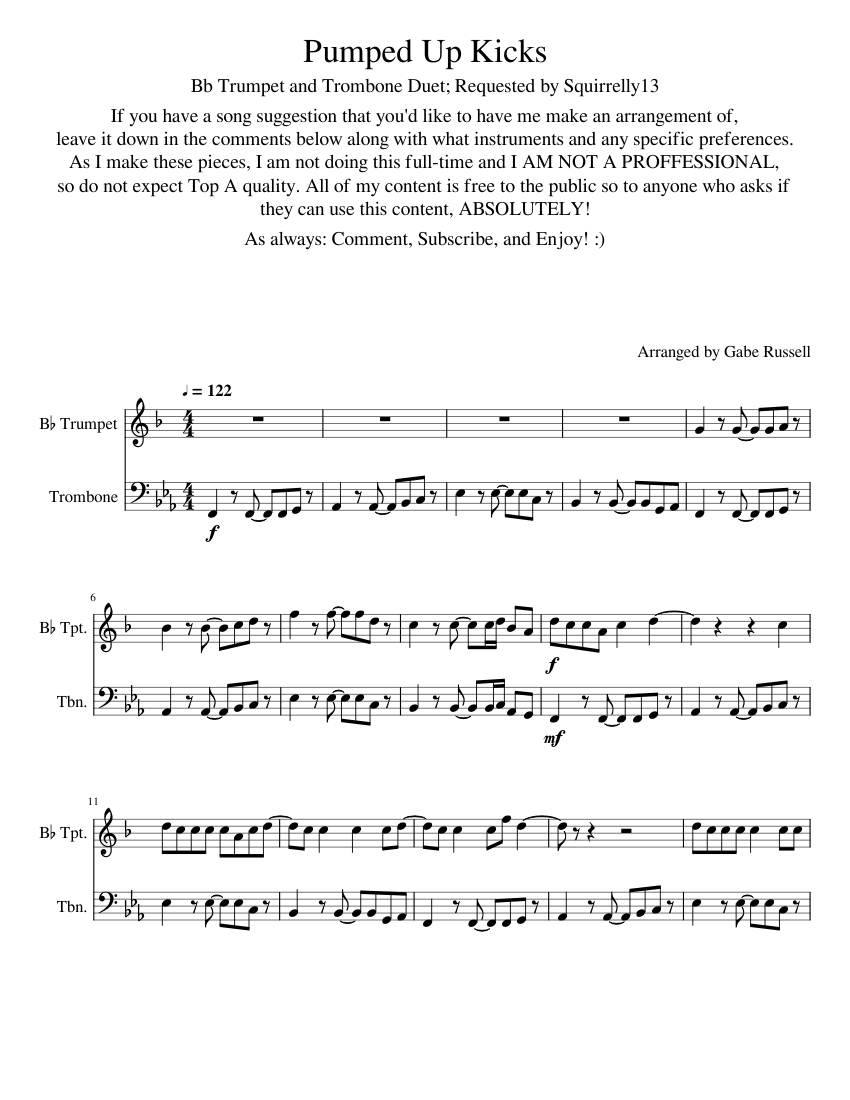 Pumped Up Kicks Trumpet and Trombone Duet Sheet Music for Trombone, Trumpet in b-flat (Brass ...