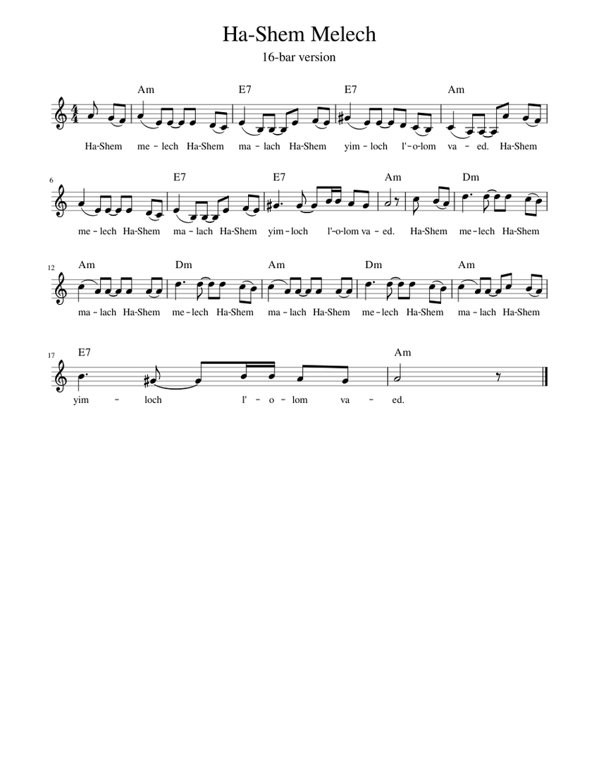 Ha-Shem Melech Sheet Music with Chords for Piano (Solo) Easy ...