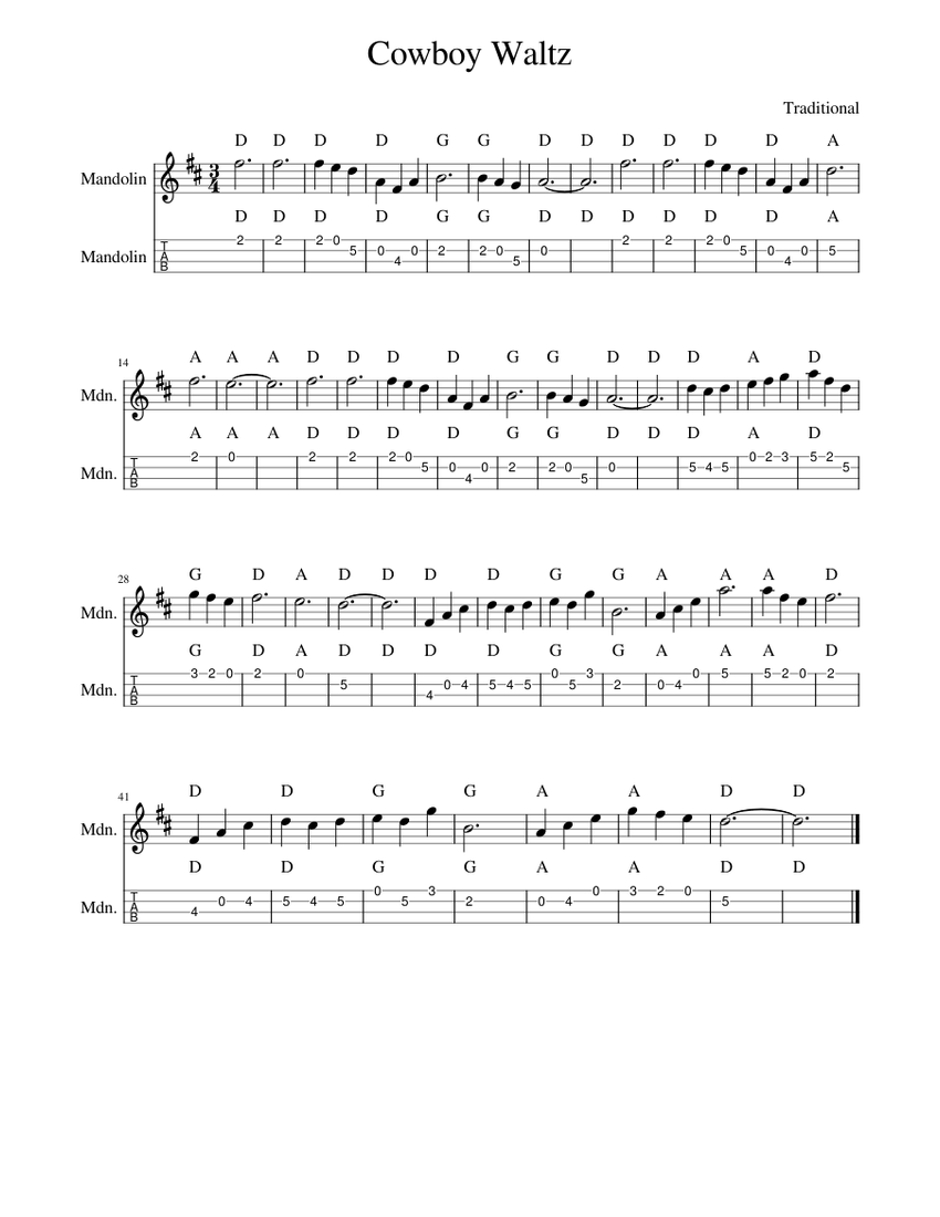 Cowboy Waltz Sheet Music and Tab with Chords for Mandolin (Mixed Duet ...