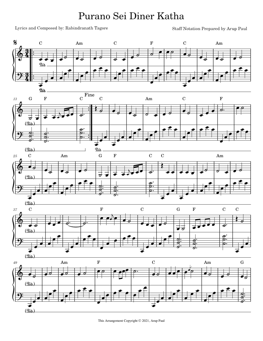 Purano Sei Diner Katha Rabindra Sangeet Piano Solo Version Staff Notation By Arup Paul Sheet ...