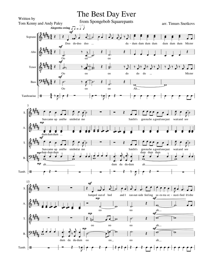 The Best Day Ever (from Spongebob Squarepants) Sheet Music for Soprano ...