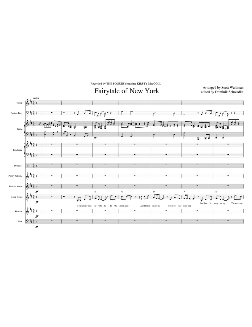 Fairytale of New York Sheet Music with Chords for Piano, Accordion ...