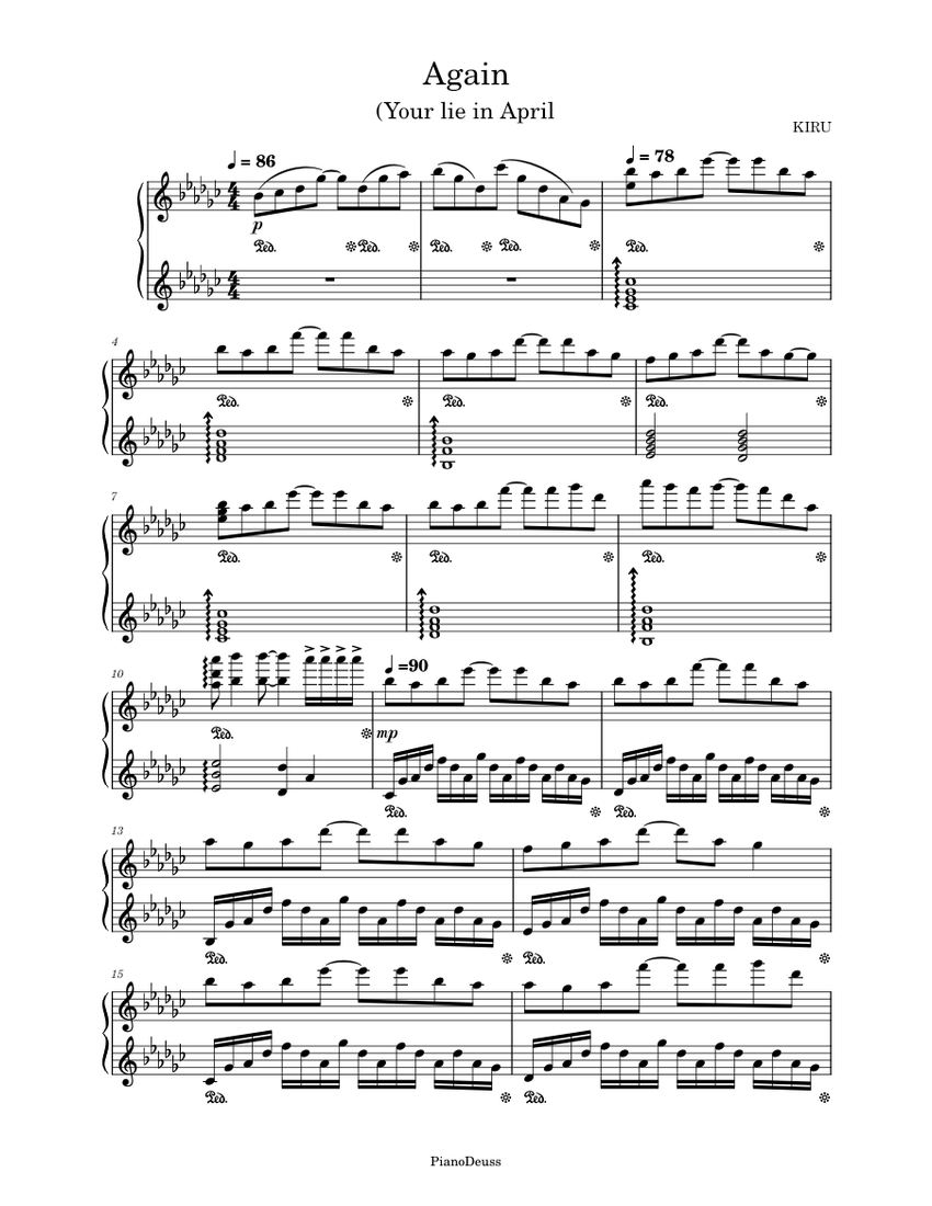 Your Lie in April OST - Again – PianoDeuss Sheet Music for Piano (Solo ...