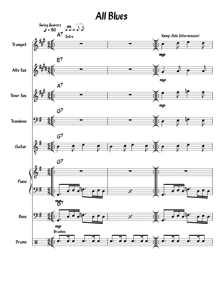 All Blues for a Jazz Combo Sheet Music with Chords for Piano, Trombone ...