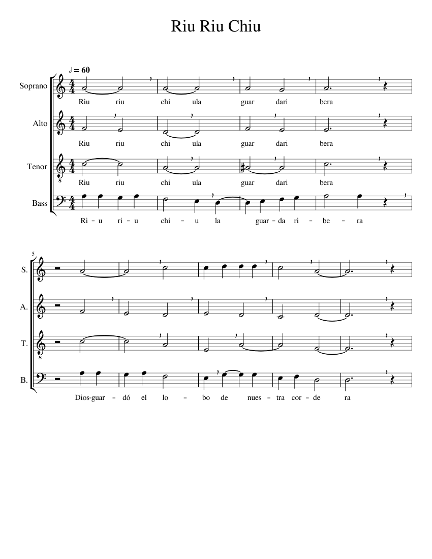 Riu Riu Chiu Sheet music for Soprano, Alto, Tenor, Bass voice (Choral ...