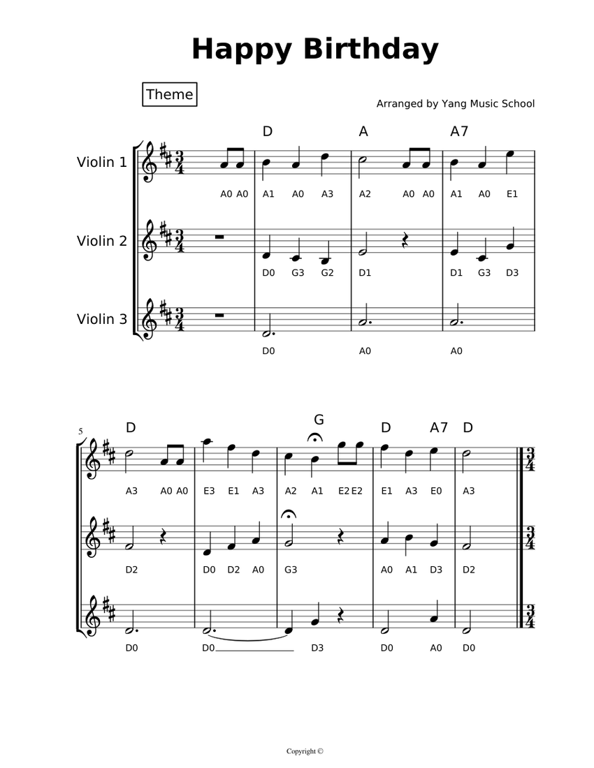 Happy Birthday Sheet Music with Chords for Violin (Mixed Trio ...