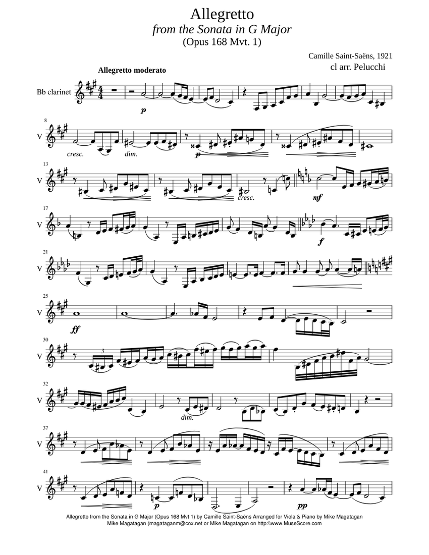 Allegretto from the Sonata in G Major Opus 168 Mvt 1 cl part Sheet ...