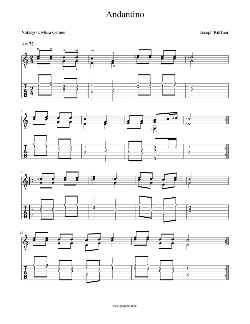 Joseph Küffner - Andantino Sheet Music and Tab for Guitar (Solo ...