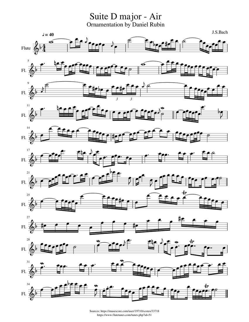 J.S.Bach - Suite D major - Air, for recorder Sheet music for Flute ...