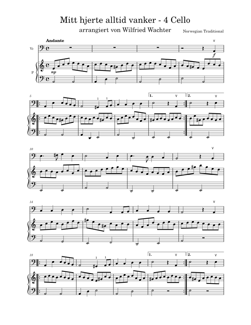Mitt hjerte alltid vanker – 4 Cello Sheet music for Piano, Cello (Solo) | Musescore.com