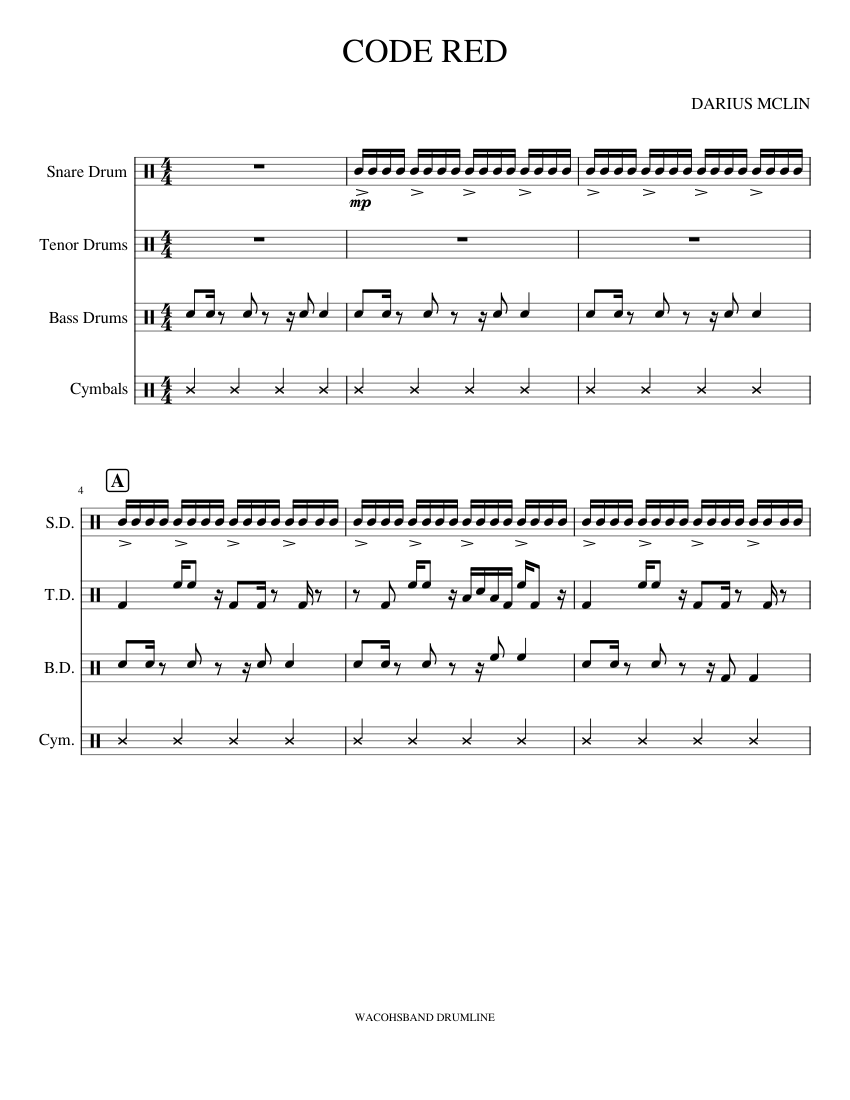 CODE RED Sheet music for Snare drum, Crash, Tenor drum, Bass drum ...