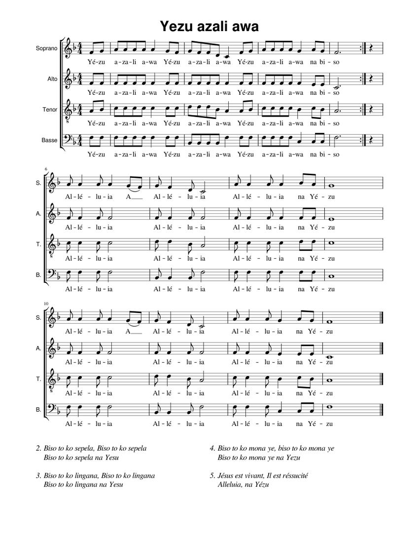 Yezu azali awa Sheet music for Soprano, Alto, Tenor, Bass voice (Choral ...