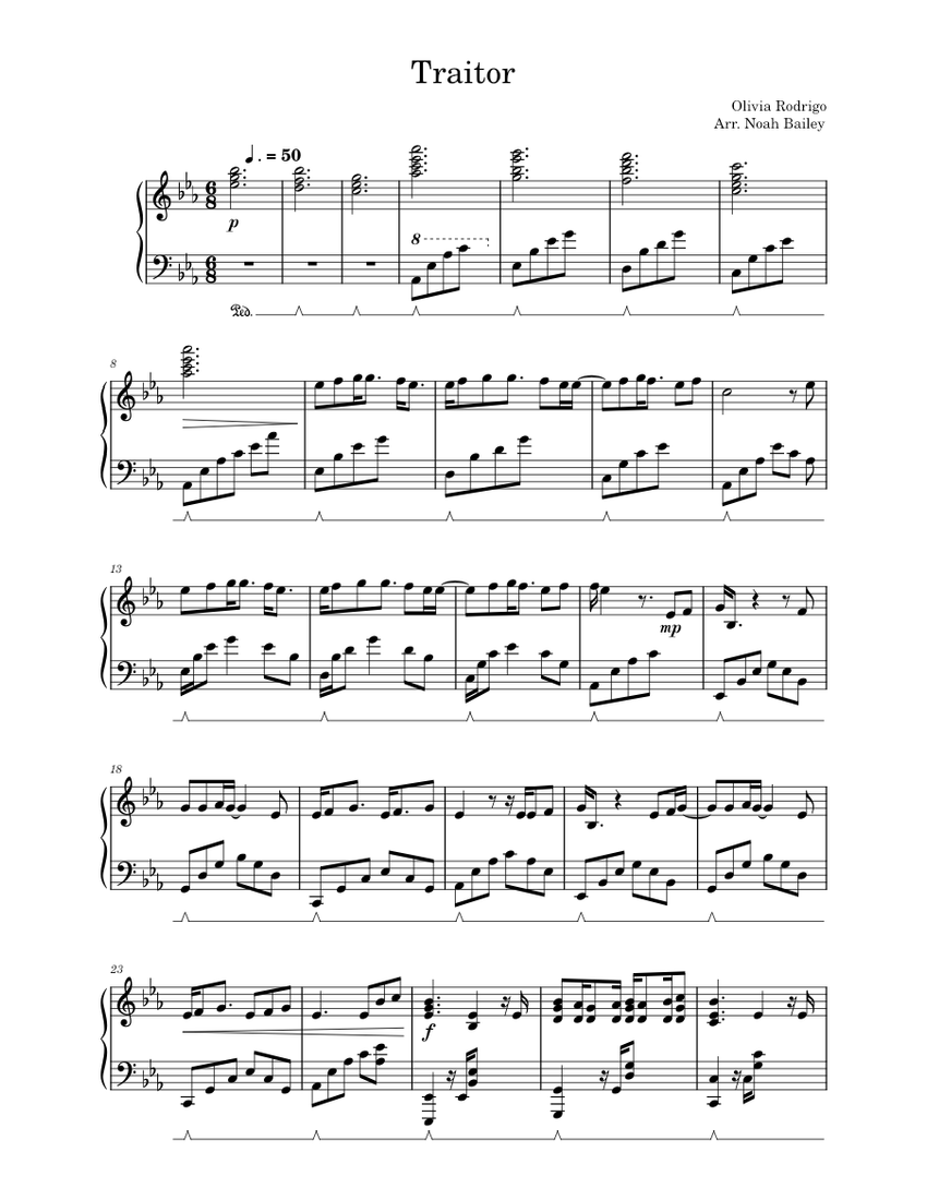 Traitor – Olivia Rodrigo Sheet Music for Piano (Solo) | MuseScore.com