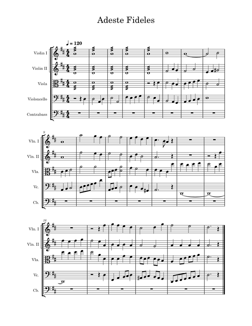 Adeste Fideles Sheet music for Contrabass, Violin, Viola, Cello (String Quintet) | Musescore.com