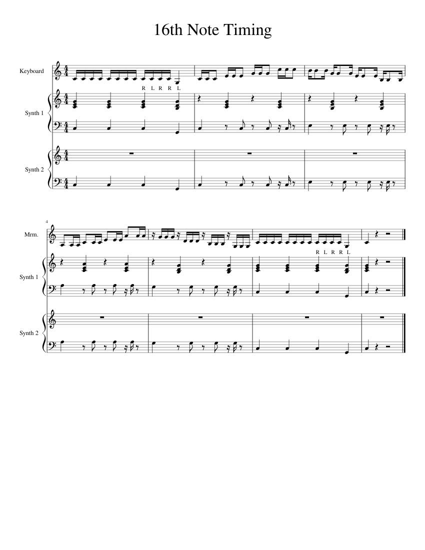 16th Note Timing Sheet music for Piano, Bass guitar, Marimba (Mixed ...