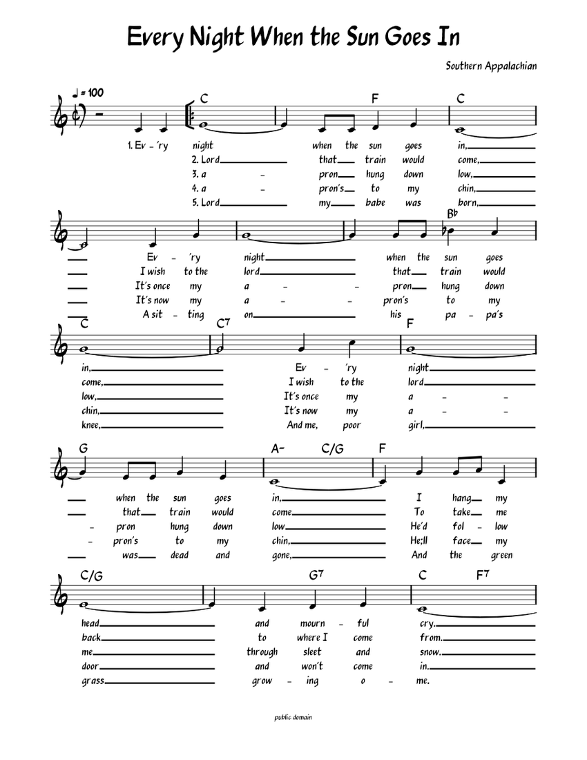 Every Night When the Sun Goes In (Lead sheet with lyrics ) Sheet Music ...