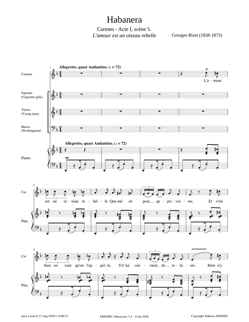 Carmen acte I.5, Habanera by Georges Bizet Sheet music for Piano ...