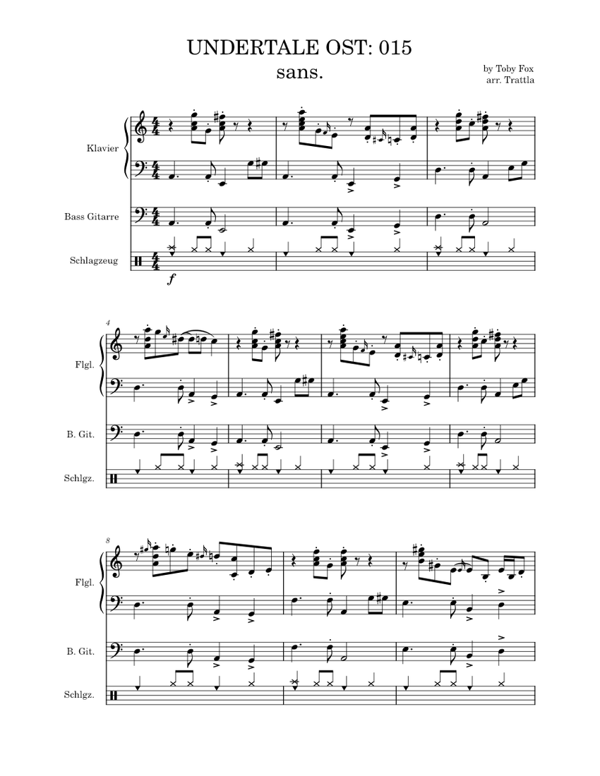UNDERTALE OST: 015 sans. Sheet music for Piano, Bass guitar, Drum group ...
