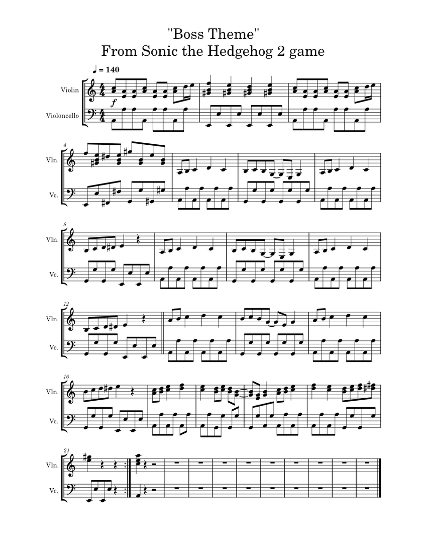 Sonic the hedgehog 2 Boss Theme Sheet music for Violin, Cello (String ...