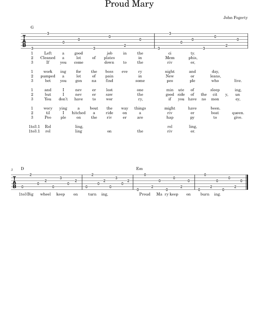 Proud Mary Sheet Music and Tab with Chords for Guitar (Solo ...