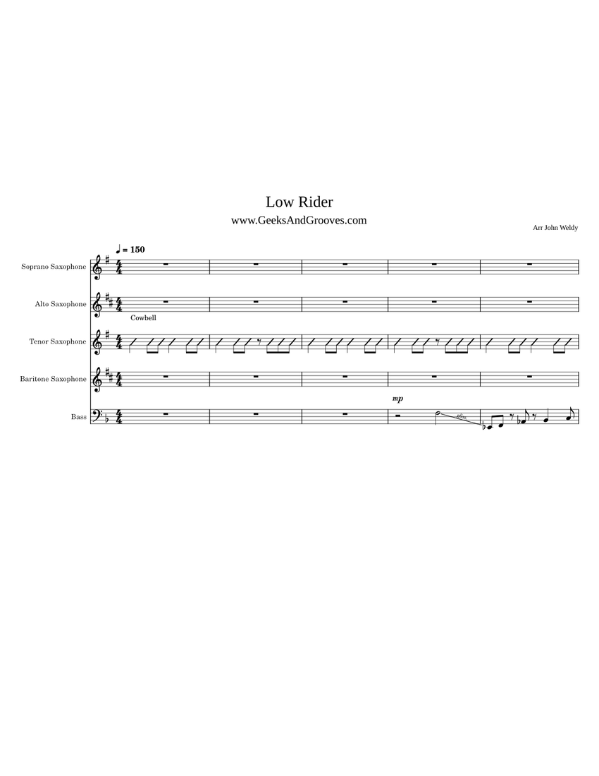 Low rider – War for Sax Quartet + Bass - piano tutorial