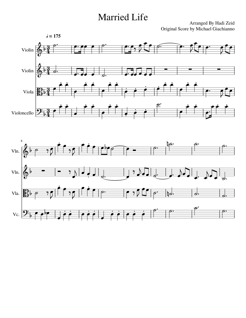 Married Life Sheet Music for Violin, Viola, Cello (String Quartet ...