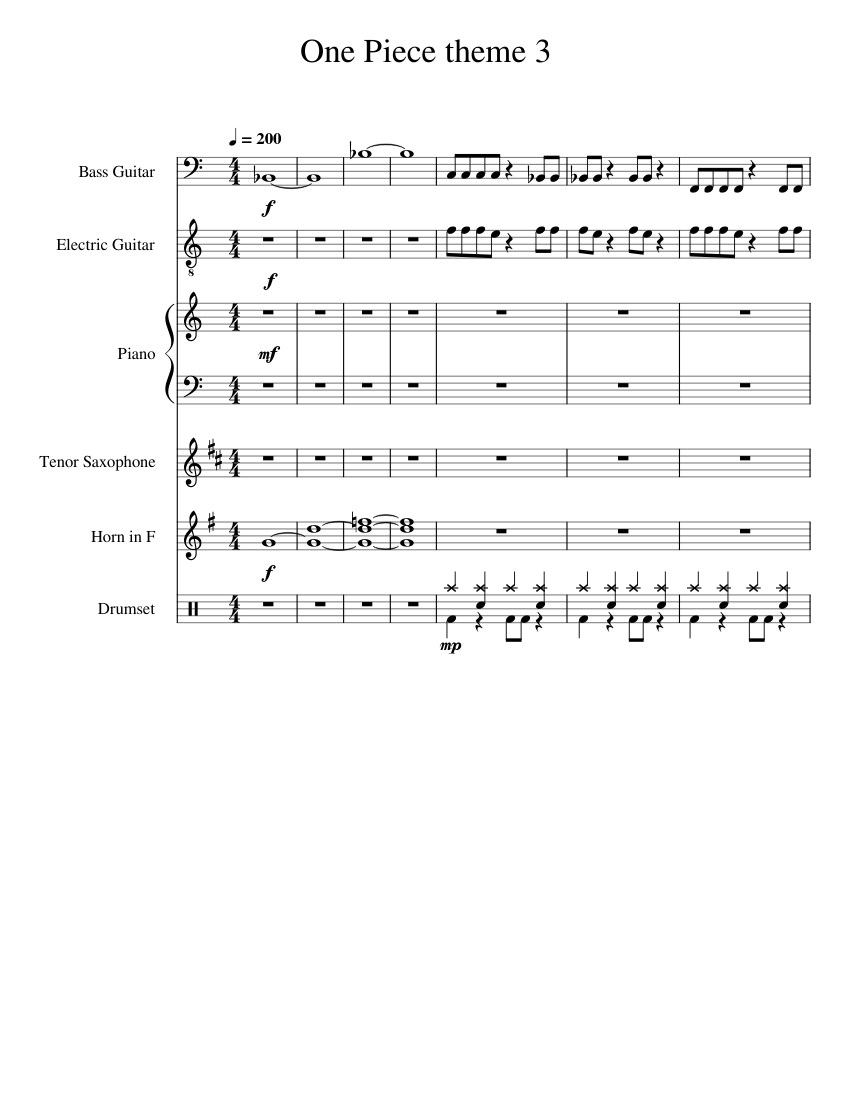 One piece, hikari e Sheet music for Piano, Saxophone tenor, French horn ...