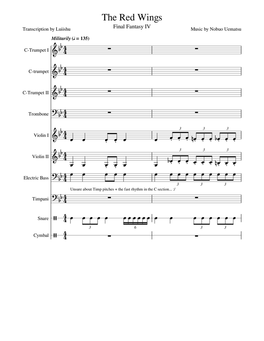 The Red Wings - Nobuo Uematsu Sheet Music for Trombone, Timpani, Snare ...