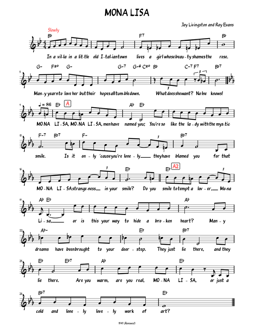 Mona Lisa (Lead sheet with verse and lyrics ) Sheet Music with Chords ...