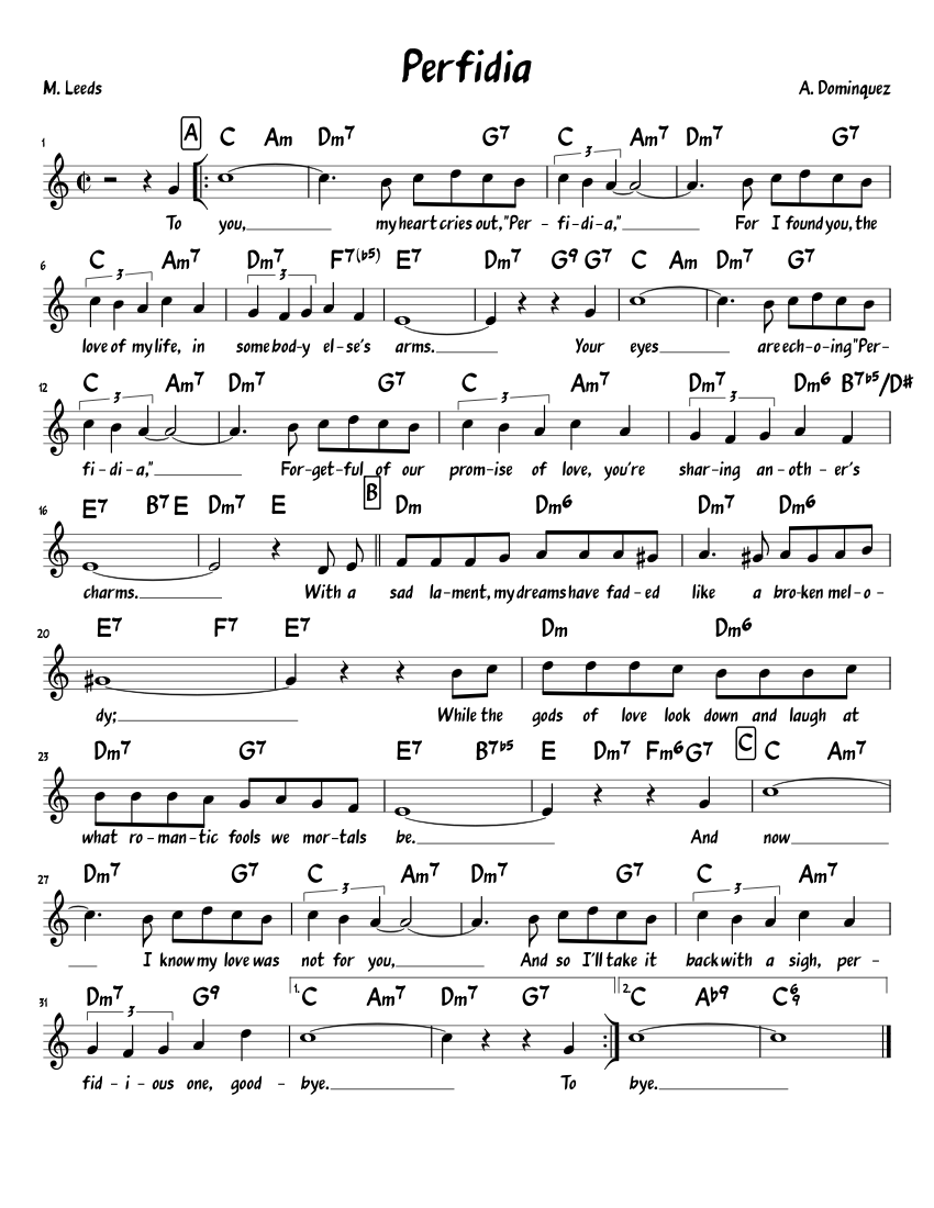 Perfidia Sheet Music with Chords for Piano (Solo) Easy | MuseScore.com