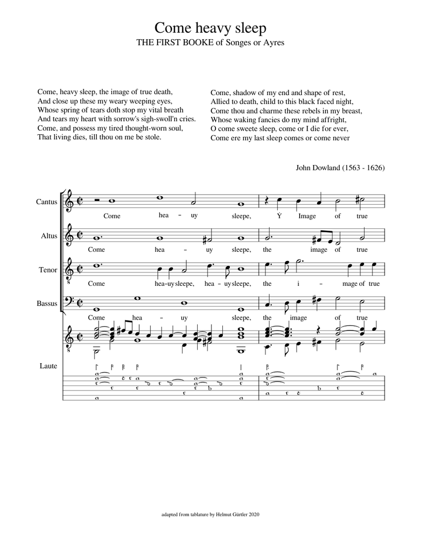 John Dowland - Come heavy sleep Sheet Music and Tab for Soprano, Alto ...