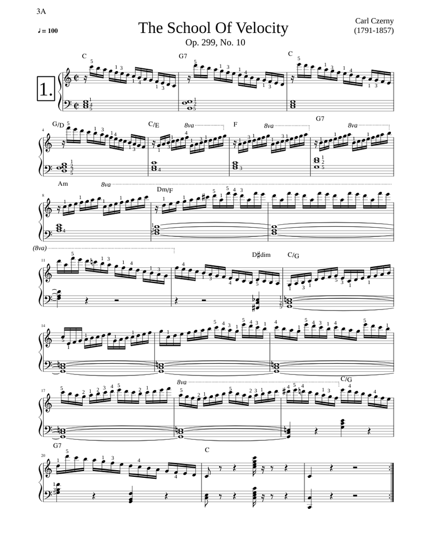 Czerny - The School of Velocity (Op.299) - no. 1 Sheet Music with ...