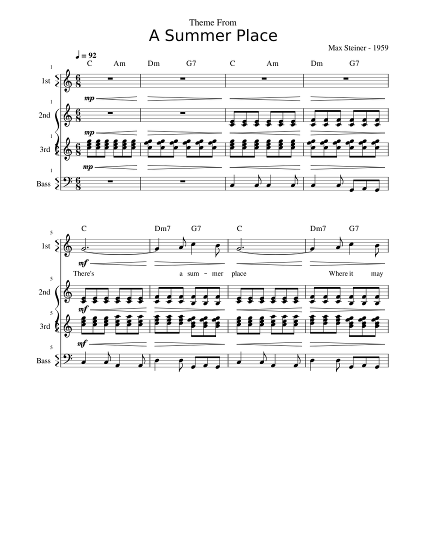 A Summer Place Sheet Music for Accordion (Piano Quartet) | MuseScore.com
