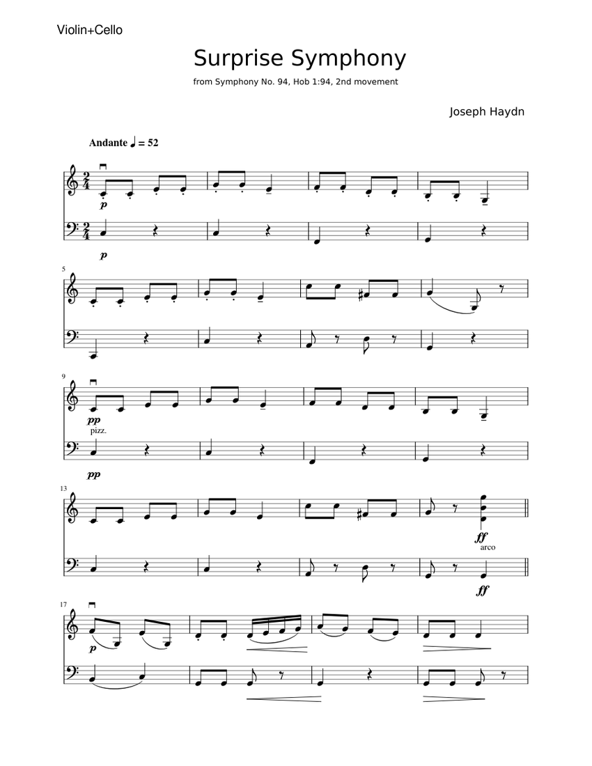 Surprise symphony – Joseph Haydn Sheet Music for Violin, Cello (String Duet) | MuseScore.com