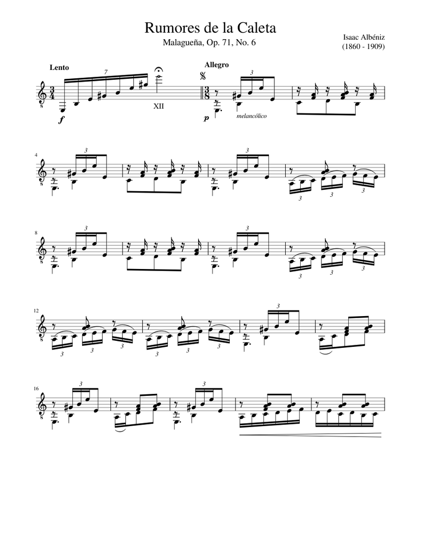 Isaac Albéniz - Rumores de la Caleta Sheet Music for Guitar (Solo ...