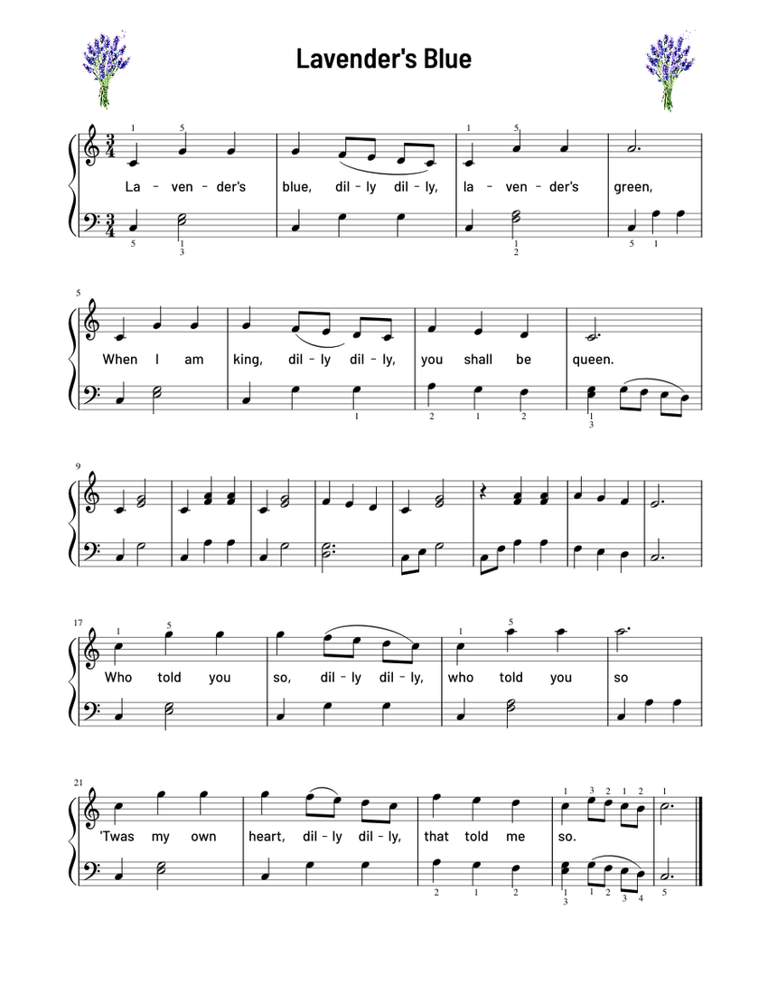 Lavender's Blue - Beginner Piano Sheet Music for Piano (Solo) Easy ...