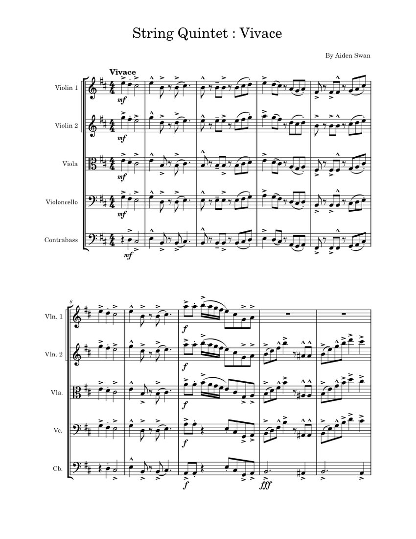 String Quintet : Vivace Sheet music for Contrabass, Violin, Viola ...