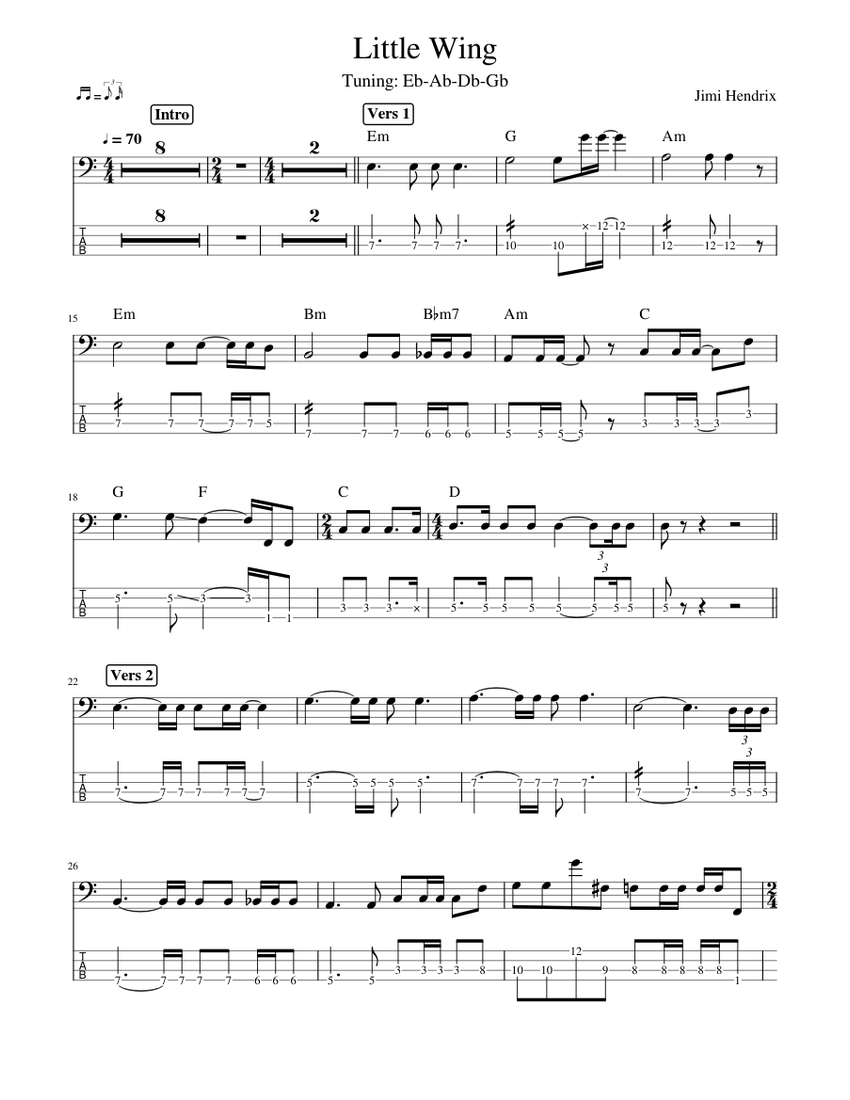 Jimi Hendrix - Little Wing 1967 Sheet Music and Tab with Chords for ...
